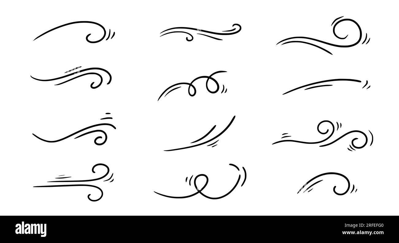 Doodle wind line sketch set. Hand drawn doodle wind motion, air blow ...