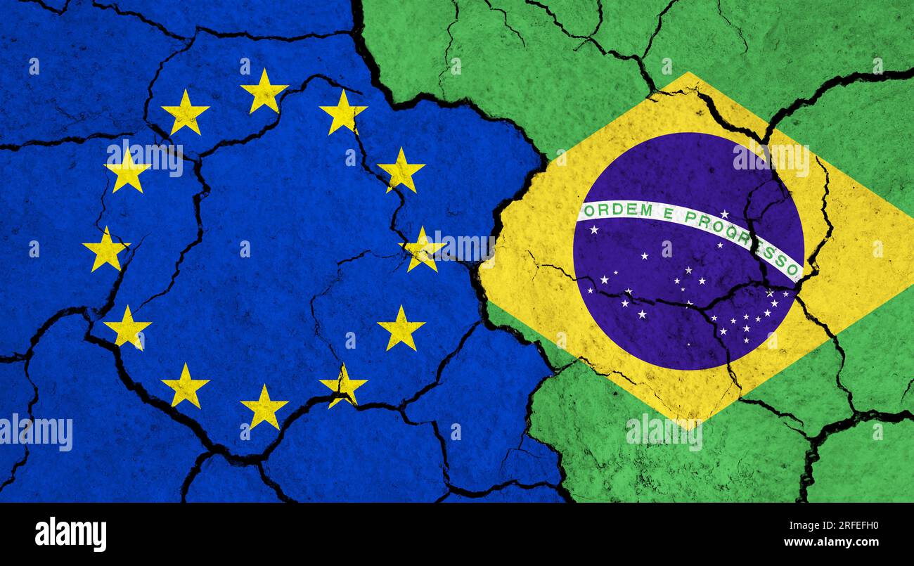 Flags of European Union and Brazil on cracked surface - politics ...