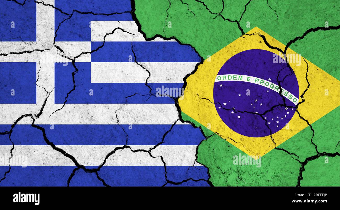 Flags of Greece and Brazil on cracked surface - politics, relationship ...