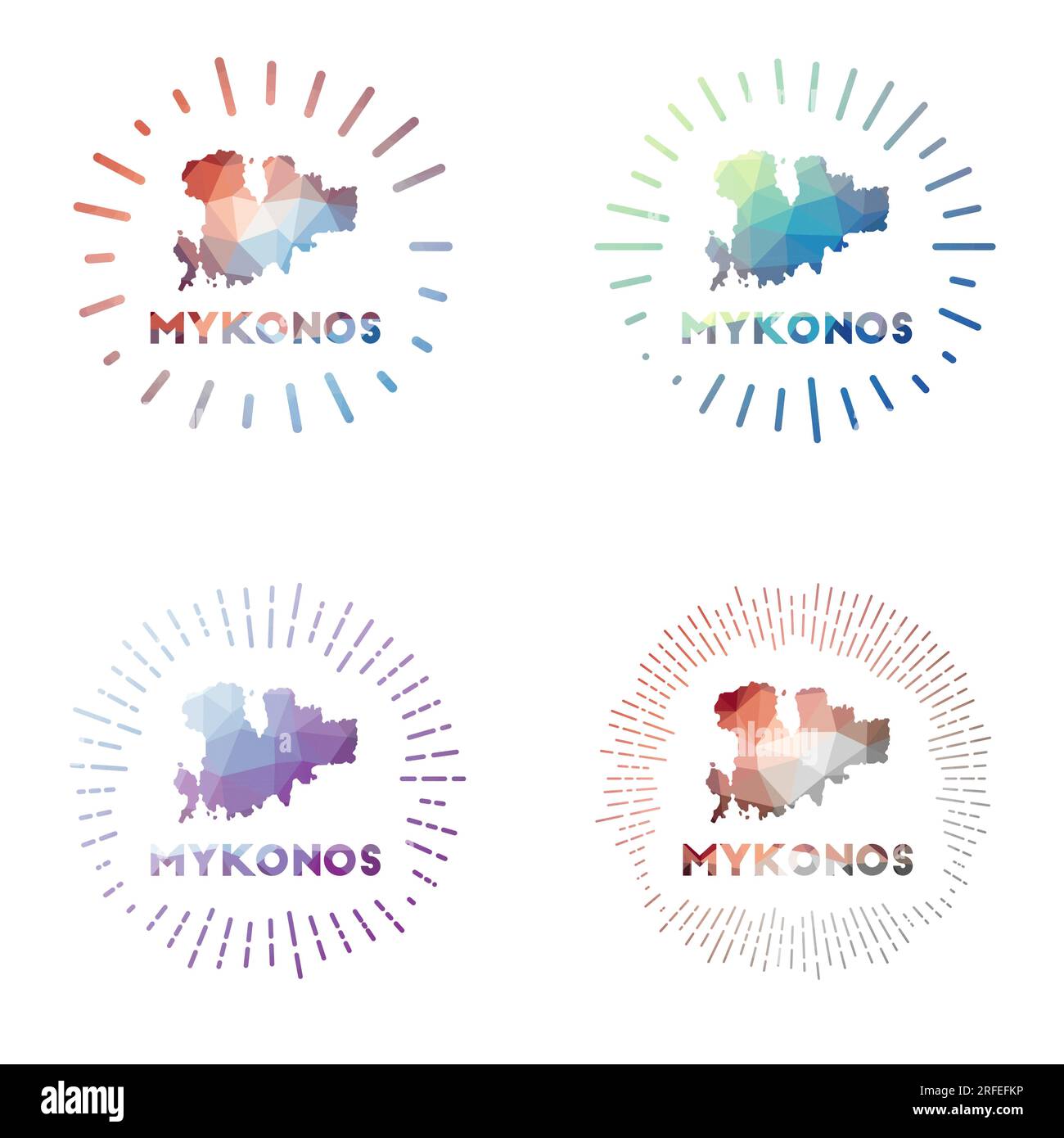 Mykonos low poly sunburst set. Logo of island in geometric polygonal ...