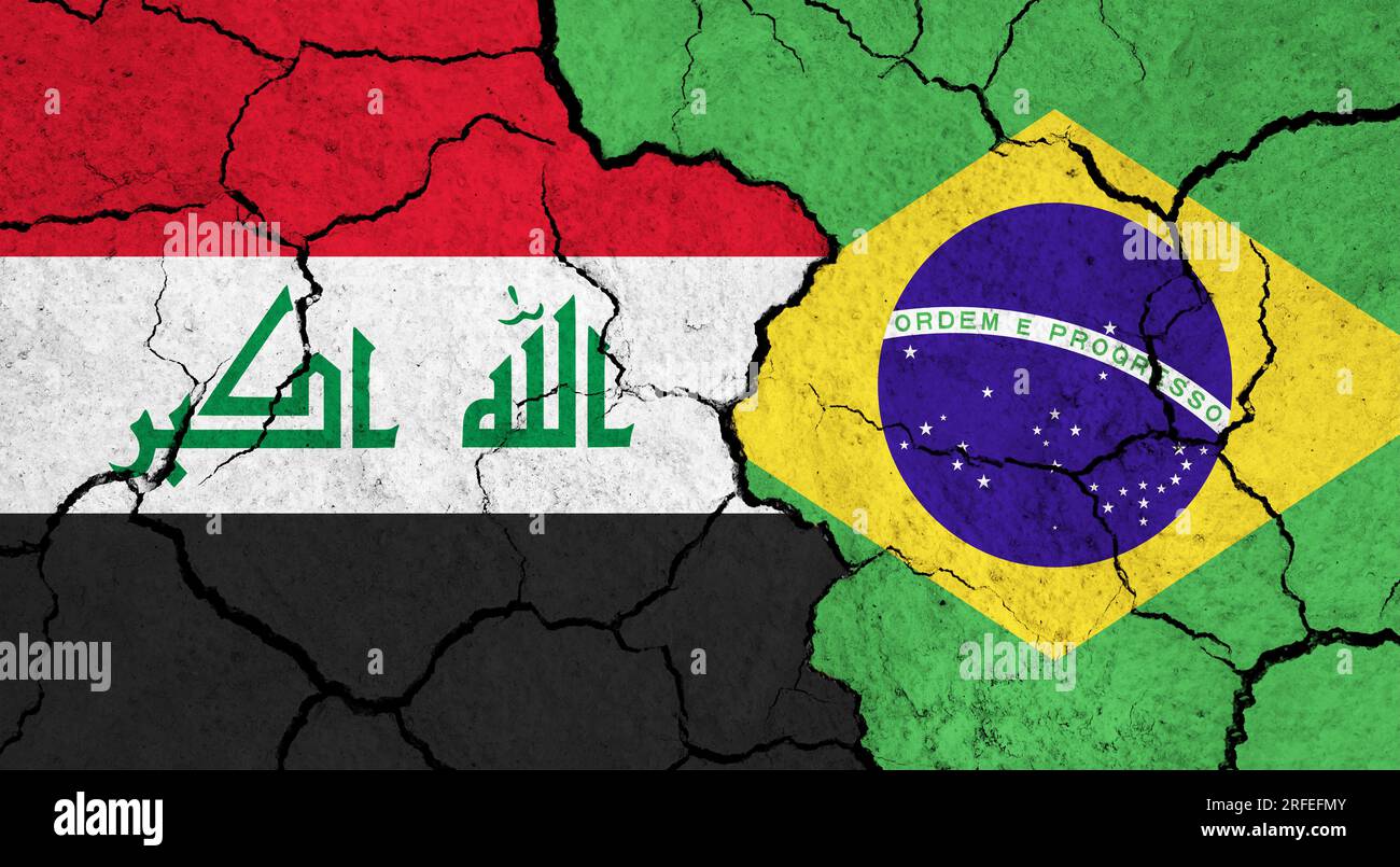 Flags of Iraq and Brazil on cracked surface - politics, relationship ...