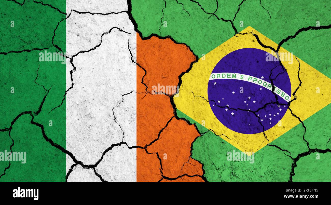 Flags of Ireland and Brazil on cracked surface - politics, relationship ...