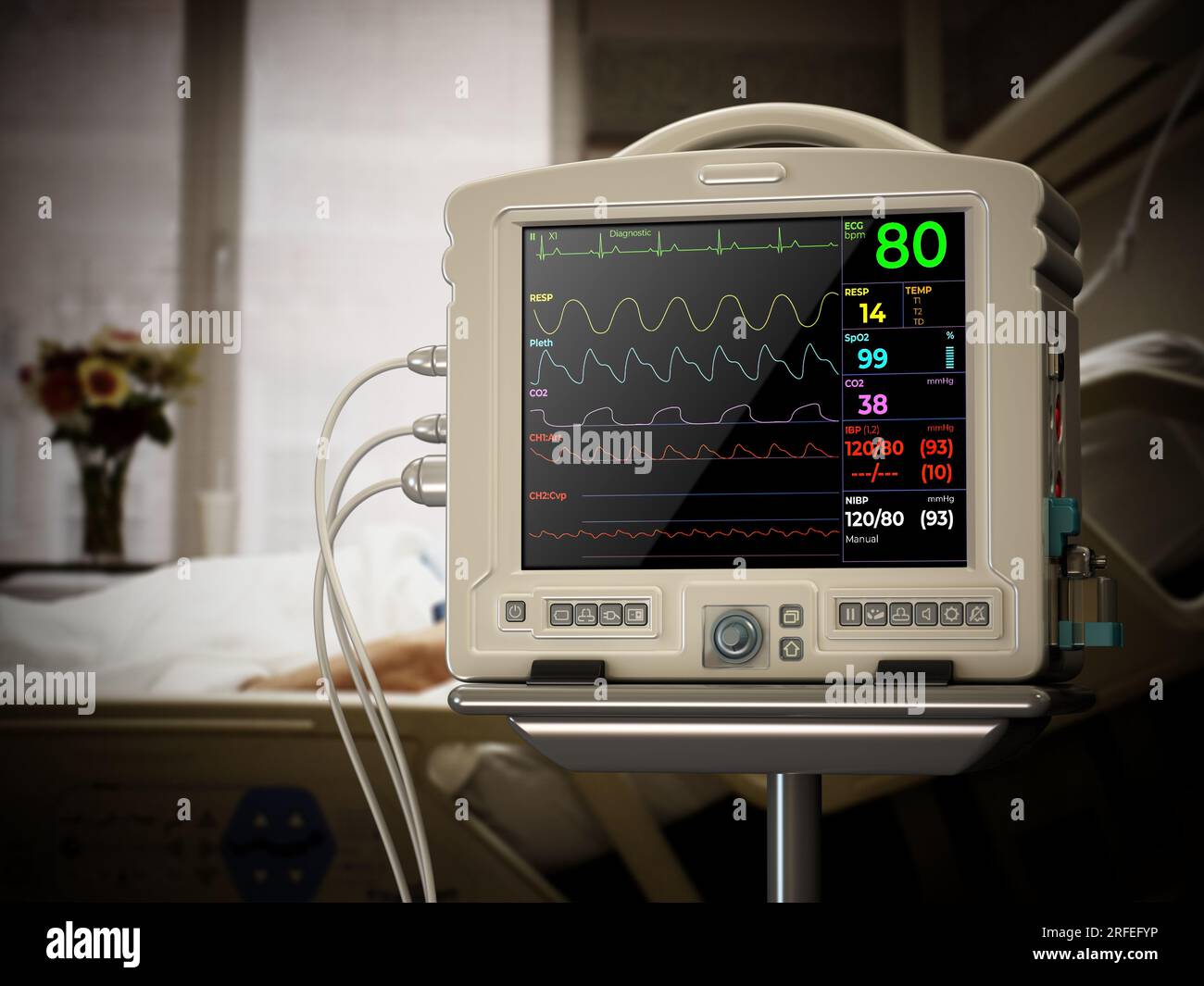 Patient monitor standing near the bed in a hospital room. 3D ...