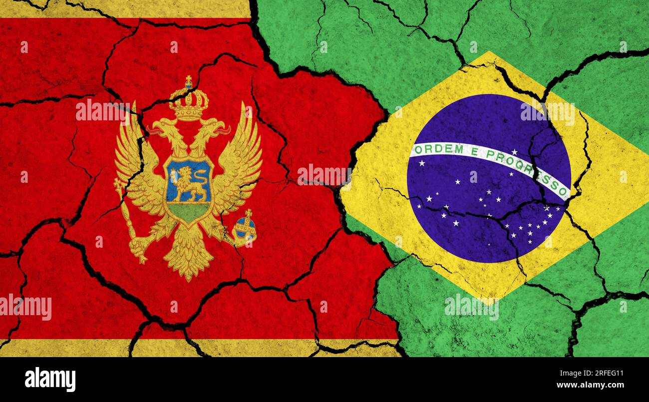 Flags of Montenegro and Brazil on cracked surface - politics ...