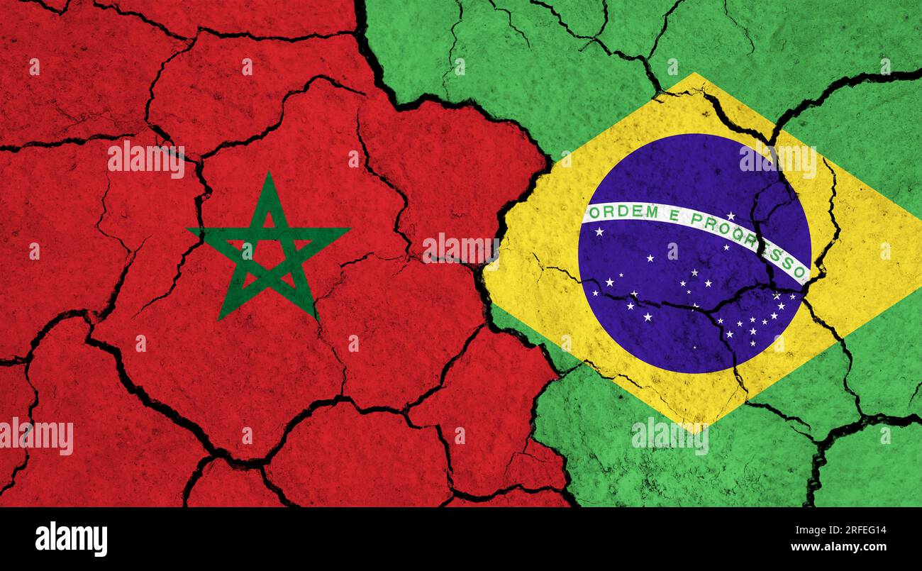 Flags of Morocco and Brazil on cracked surface - politics, relationship ...