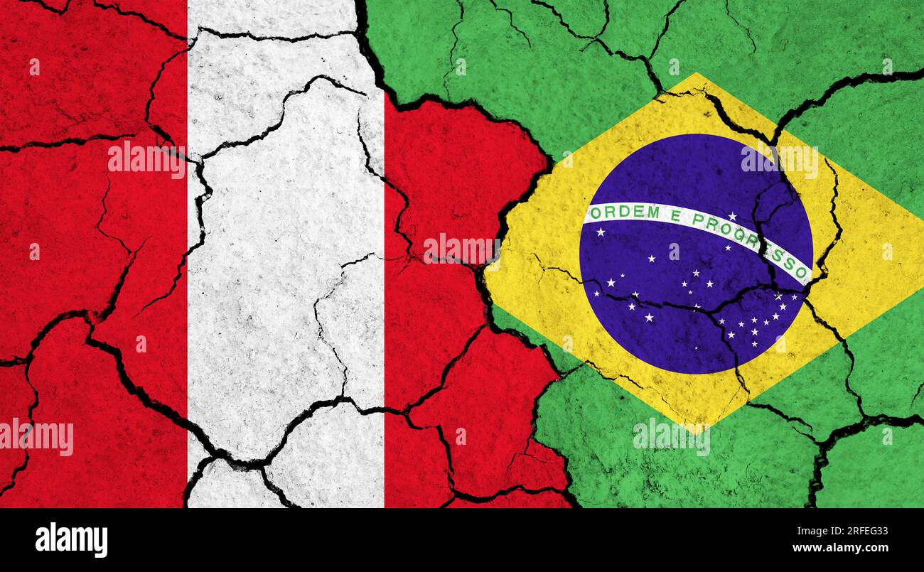 Flags of Peru and Brazil on cracked surface - politics, relationship ...