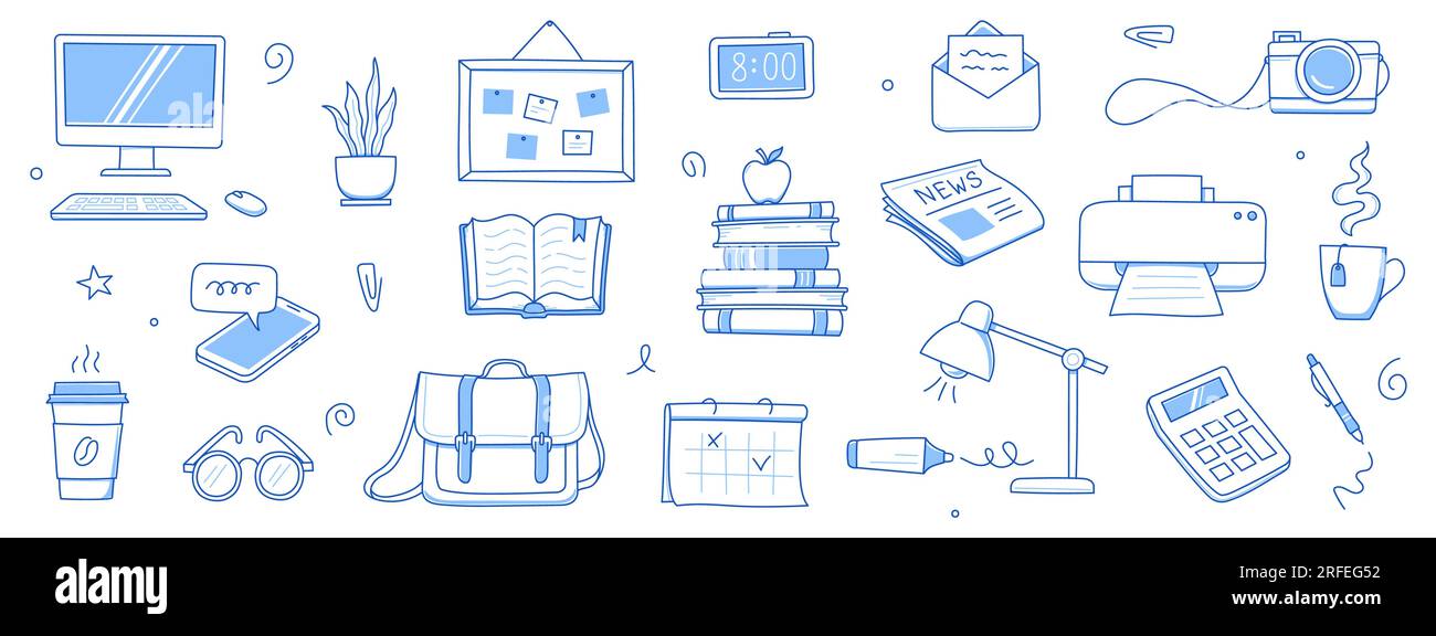 Office work doodle set. Office computer, work desk, notebook doodle ...