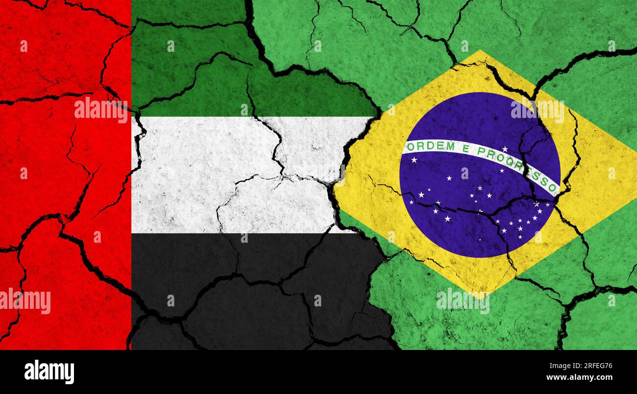 Flags of United Arab Emirates and Brazil on cracked surface - politics ...