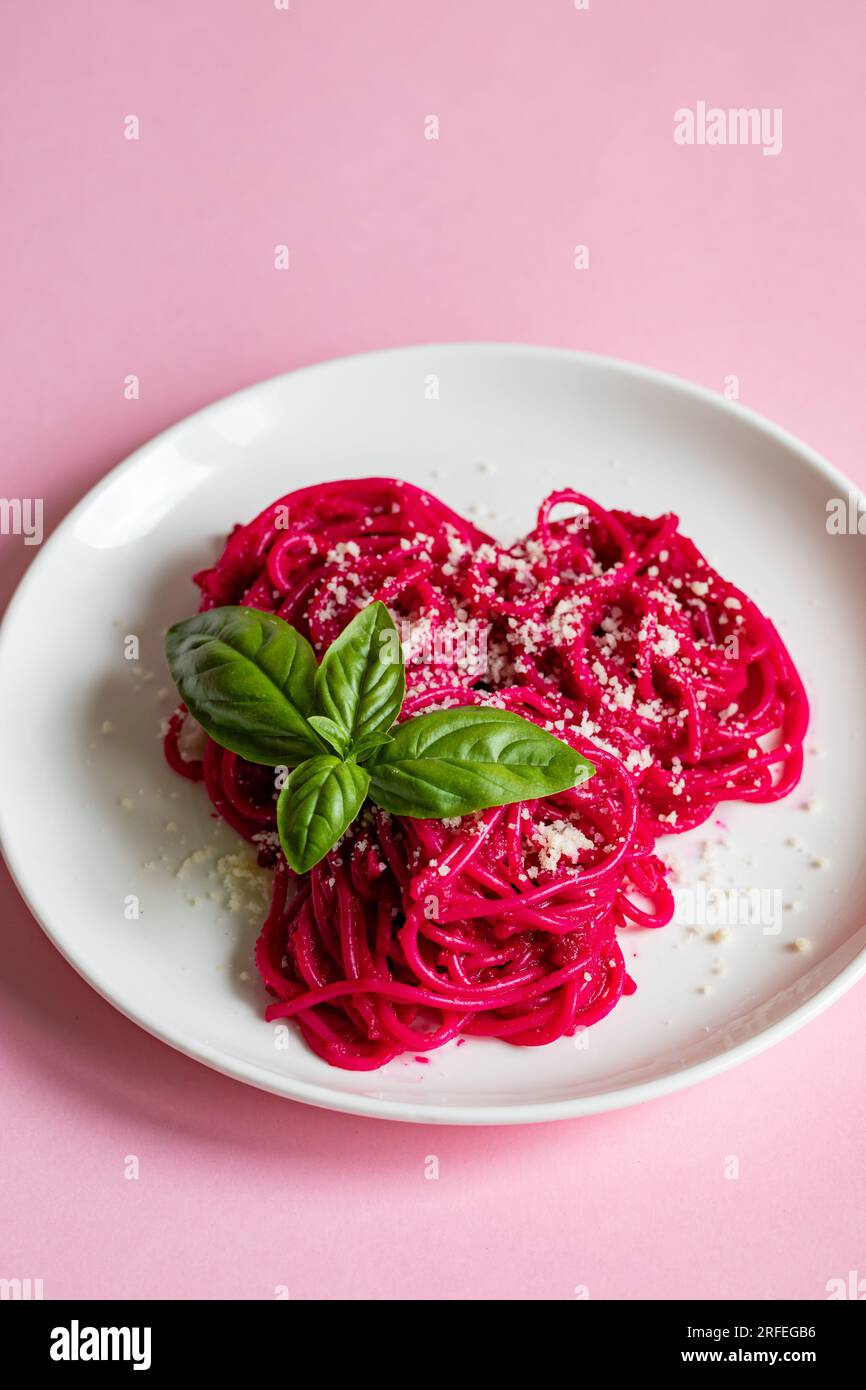 Beetroot Pasta, Barbie Themed Pasta. Pink noodles on pink background ...
