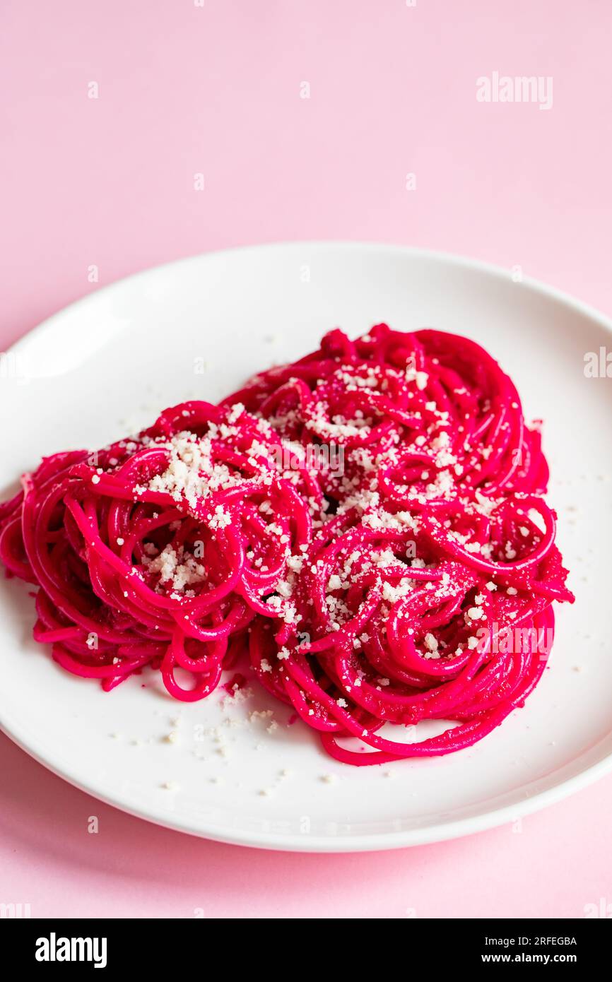 Beetroot Pasta, Barbie Themed Pasta. Pink noodles on pink background ...