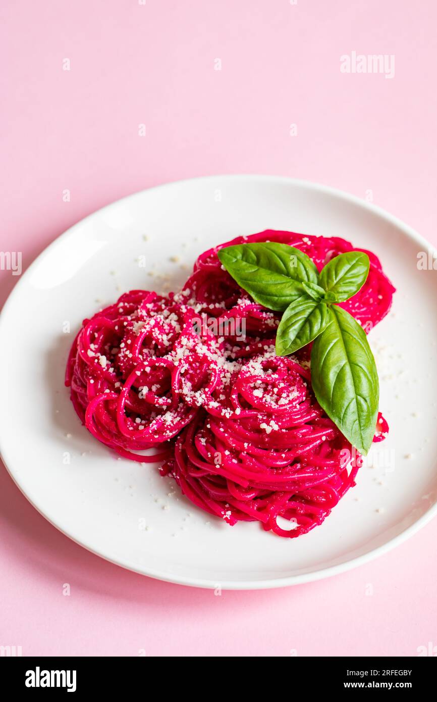 Beetroot Pasta, Barbie Themed Pasta. Pink noodles on pink background ...