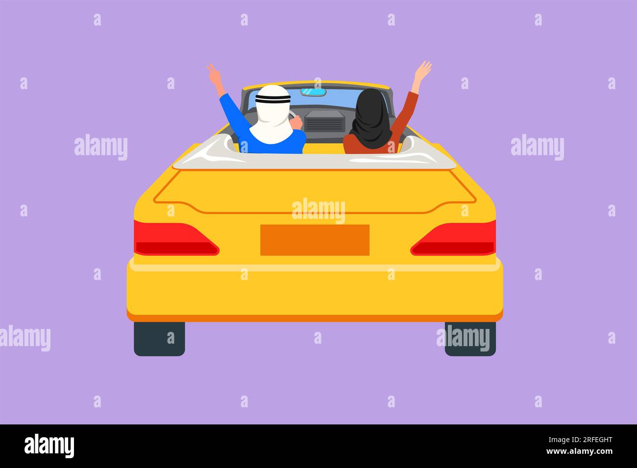 Graphic flat design drawing back view of happy couple driving cabriolet ...