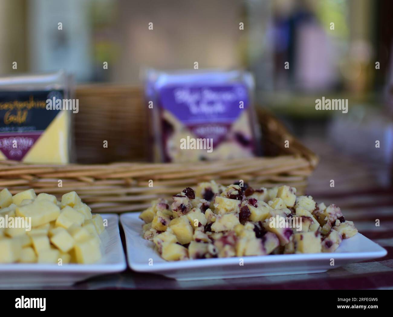 Cheese samples on offer from a stall at the 2017 Banbury Food Fair ...