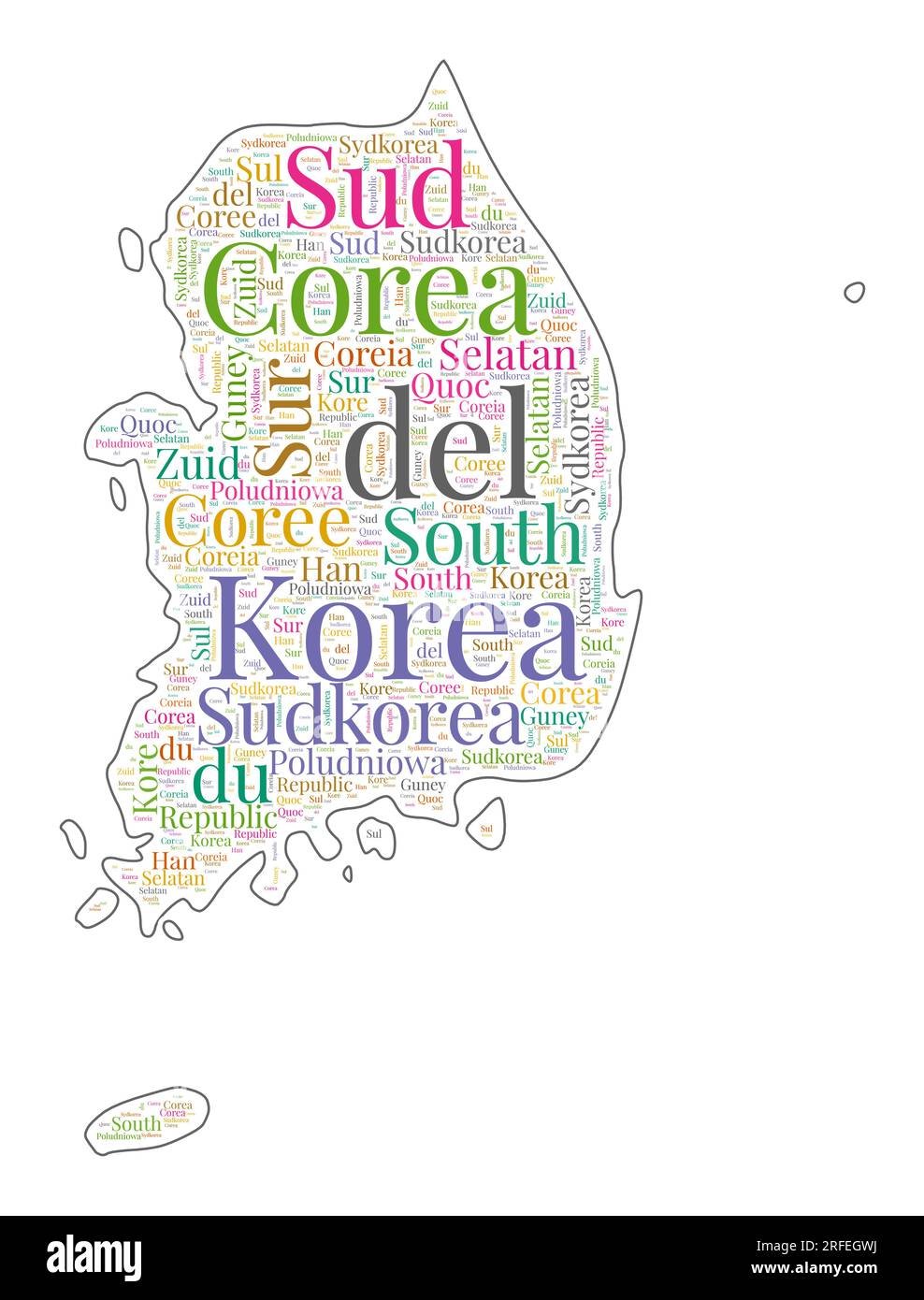 South Korea shape filled with country name in many languages. South ...