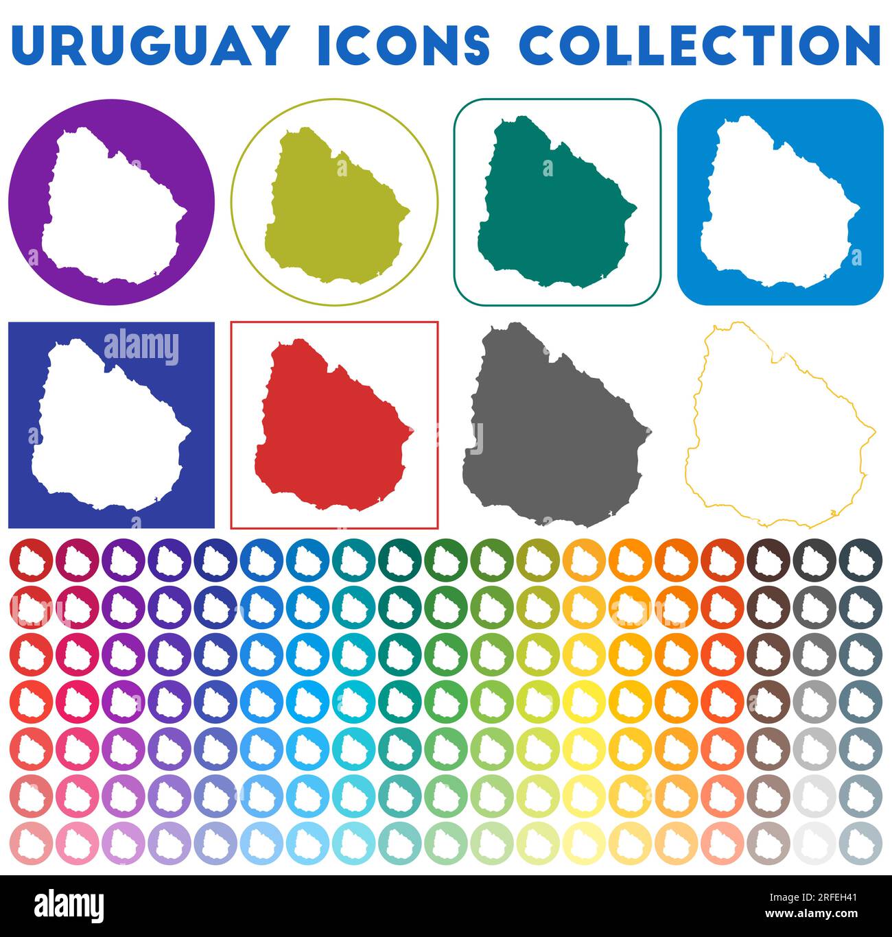 Uruguay icons collection. Bright colorful trendy map icons. Modern Uruguay badge with country ...