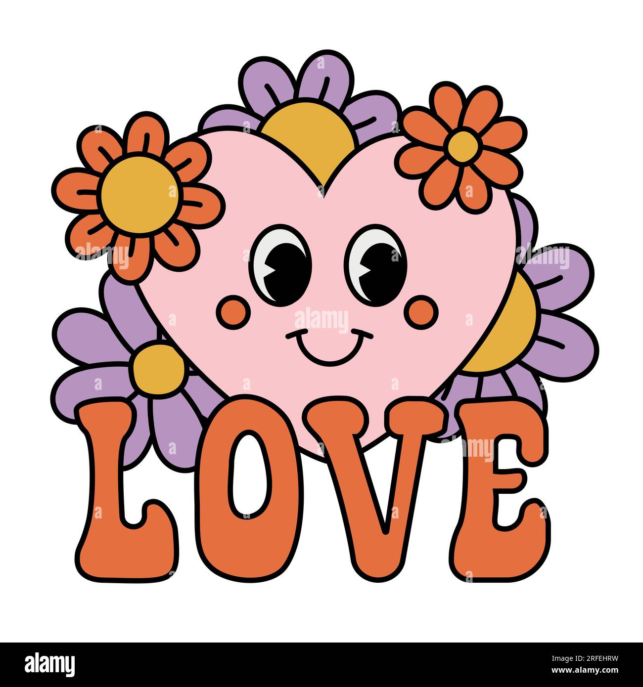 Vector retro groovy print with love lettering heart and flowers ...