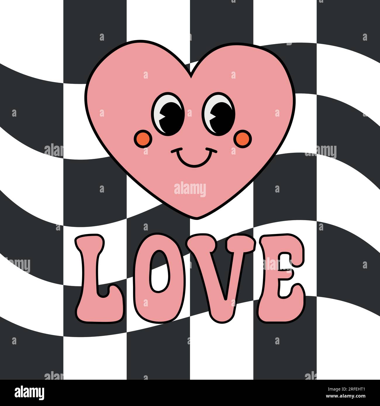 Vector retro groovy heart and love lettering isolated on chessboard ...