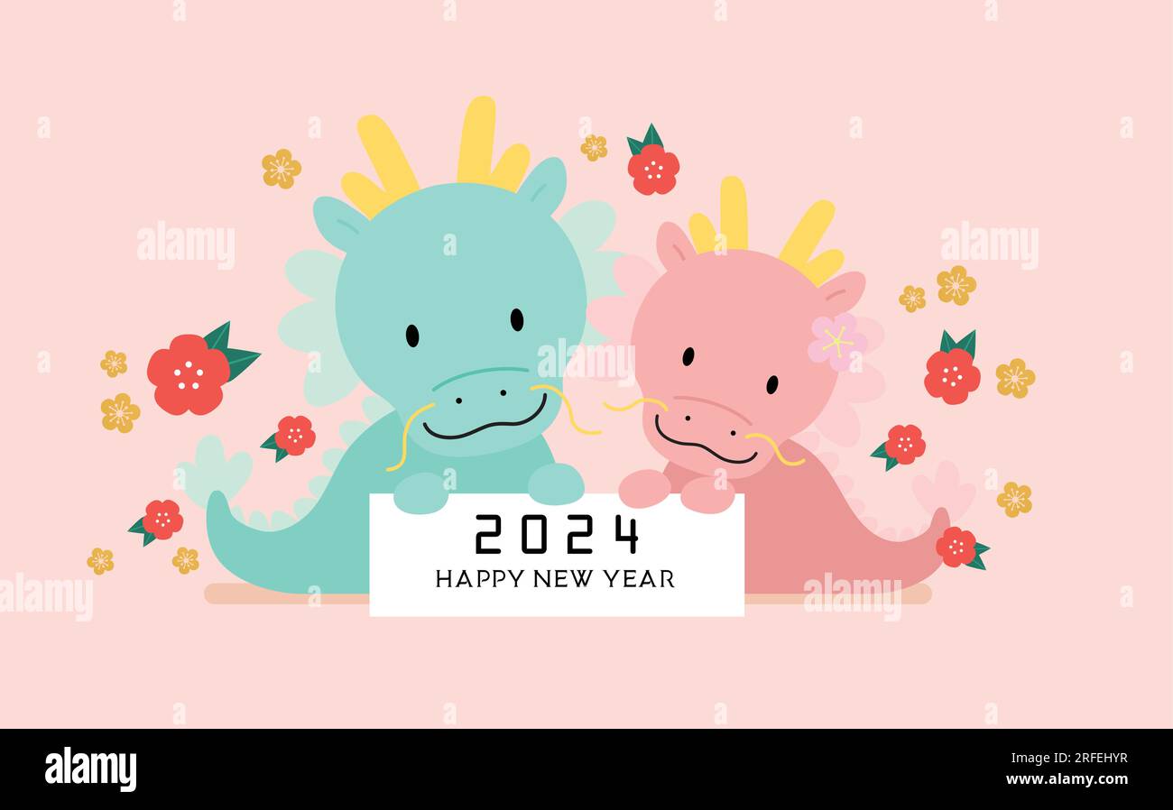 Cute chinese dragons couple holding a signboard wishing a happy chinese ...