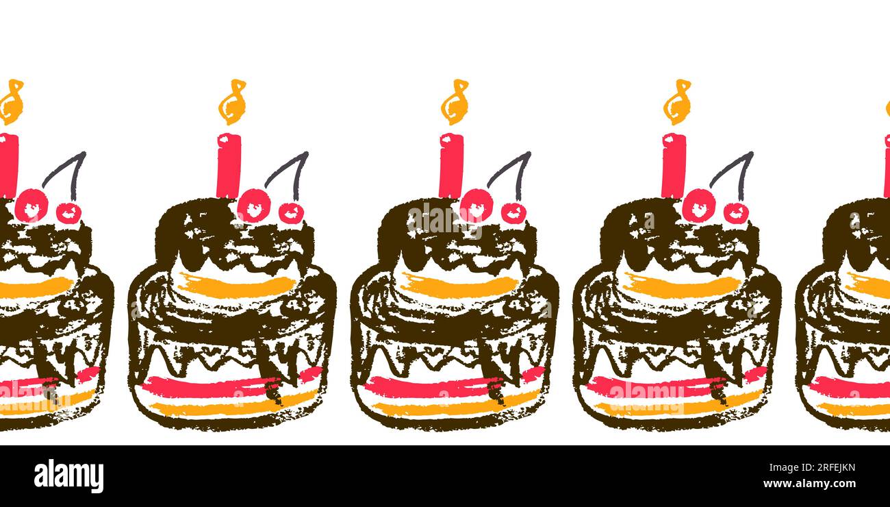 Festive seamless border. Cakes, pastries. Drawings with wax crayons ...