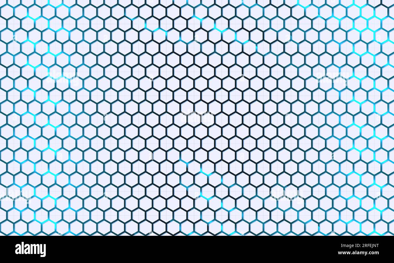 White 3d hexagonal technology vector abstract background. Blue bright energy flashes under ...