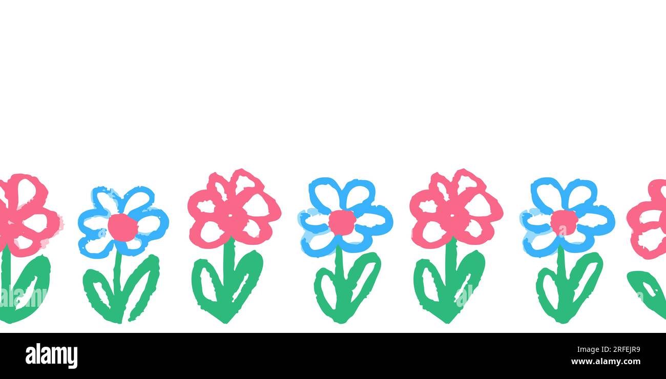 Floral seamless border. Daisies, chamomile. Drawings with wax crayons ...