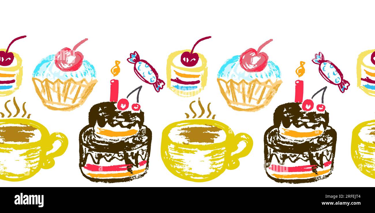 Festive seamless border. Cakes, pastries. Drawings with wax crayons ...