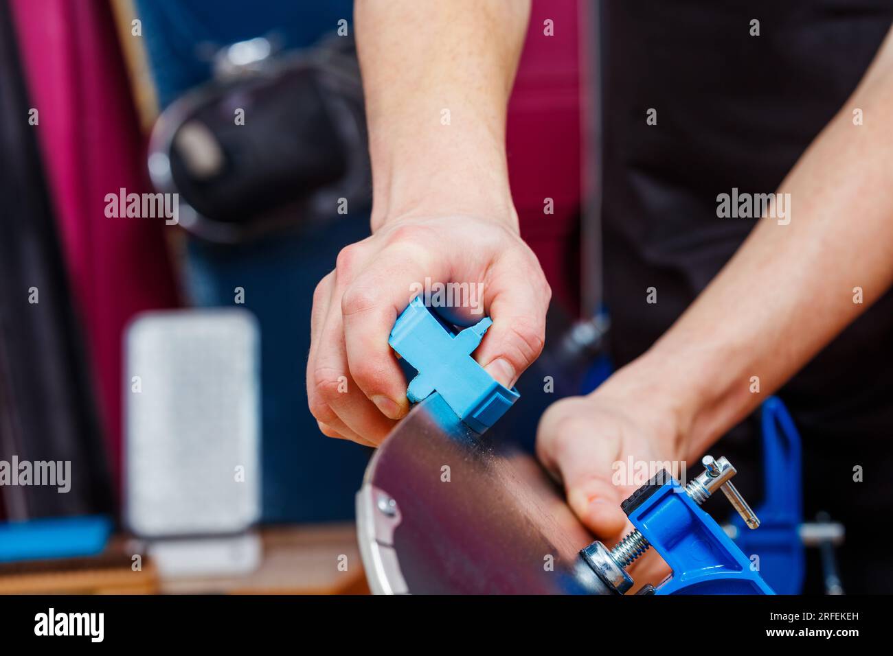 Close up of ski maintenance process sharpening edge from rust Stock ...