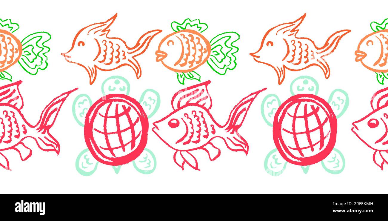 Underwater seamless border. Fish. Drawings with wax crayons. Vector ...