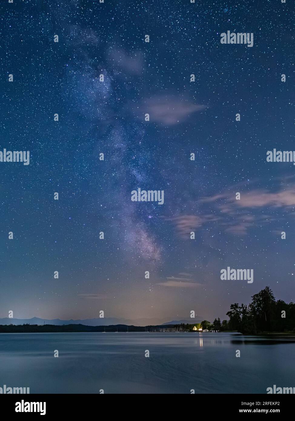 Starry sky with Milky Way over Lake Starnberg, Bavaria, Germany, Europe ...