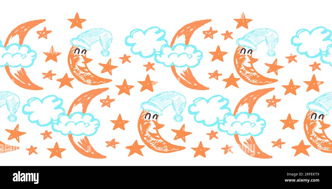 Sleepy seamless border. Moon and clouds. Drawings with wax crayons ...