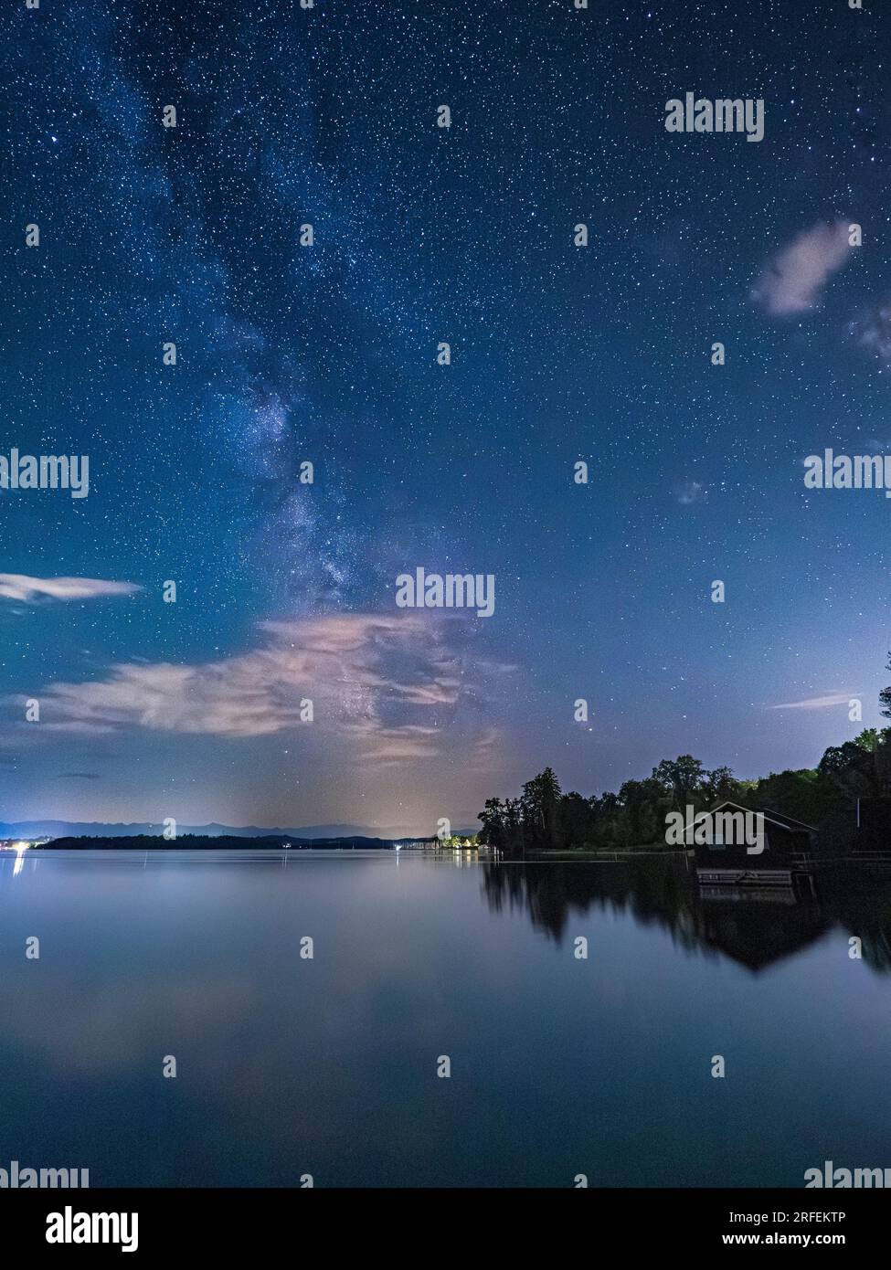 Starry sky with Milky Way over Lake Starnberg, Bavaria, Germany, Europe ...