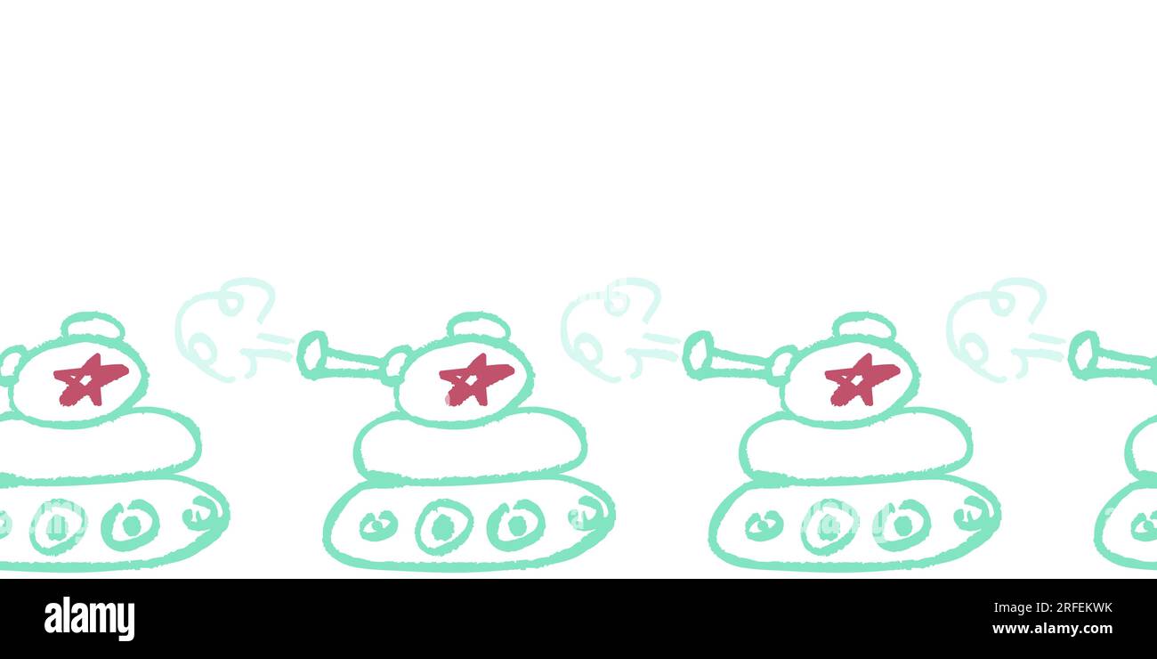 Military seamless border. Tanks. Drawings with wax crayons. Vector ...