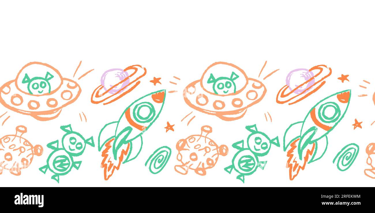 Space seamless border. UFO. Drawings with wax crayons. Vector design ...
