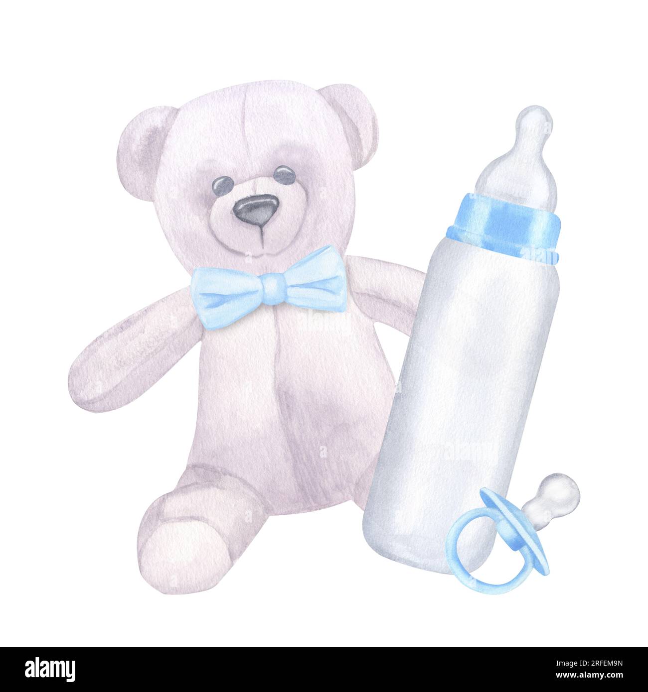 Teddy bear with blue bow, milk bottle and pacifier, for newborn boy ...