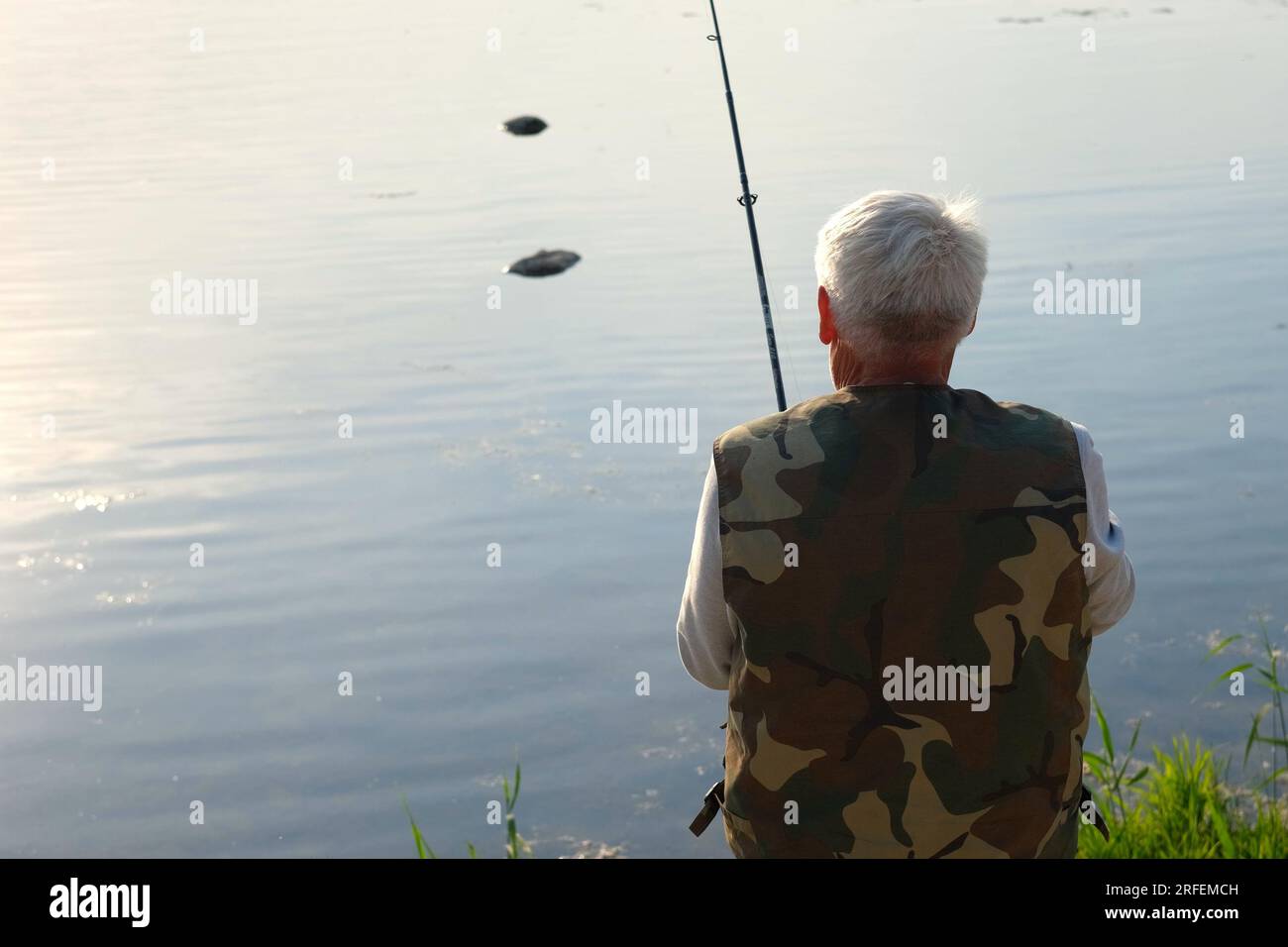 Old man fishing. Senior gray haired fisherman throws a spinning from ...
