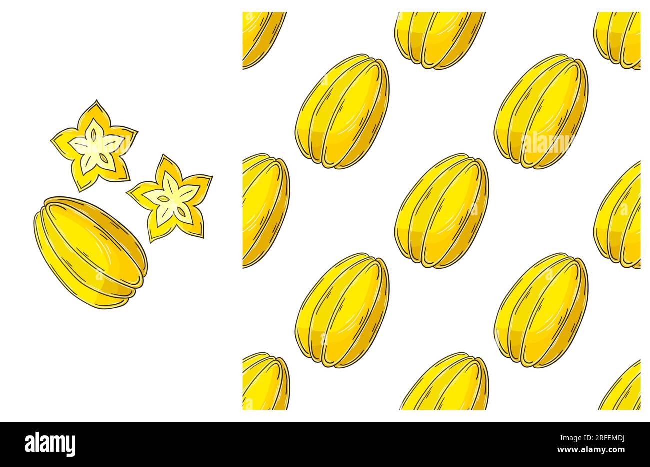 Carambola, Star-fruit. Seamless pattern with tropical fruits. Set in ...