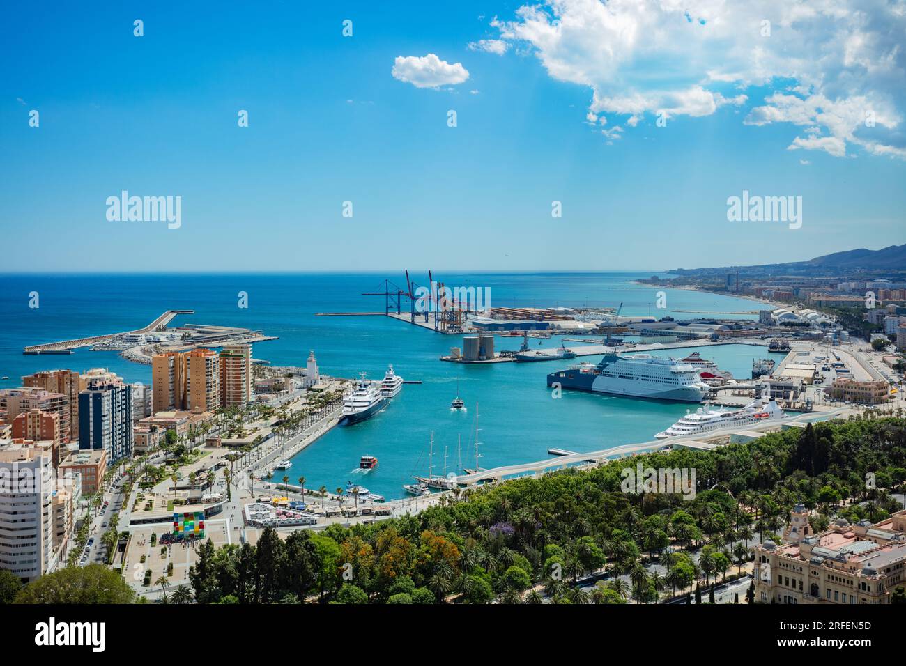 View from castle on Malaga port park, Pedro Luis Alonso gardens Stock ...
