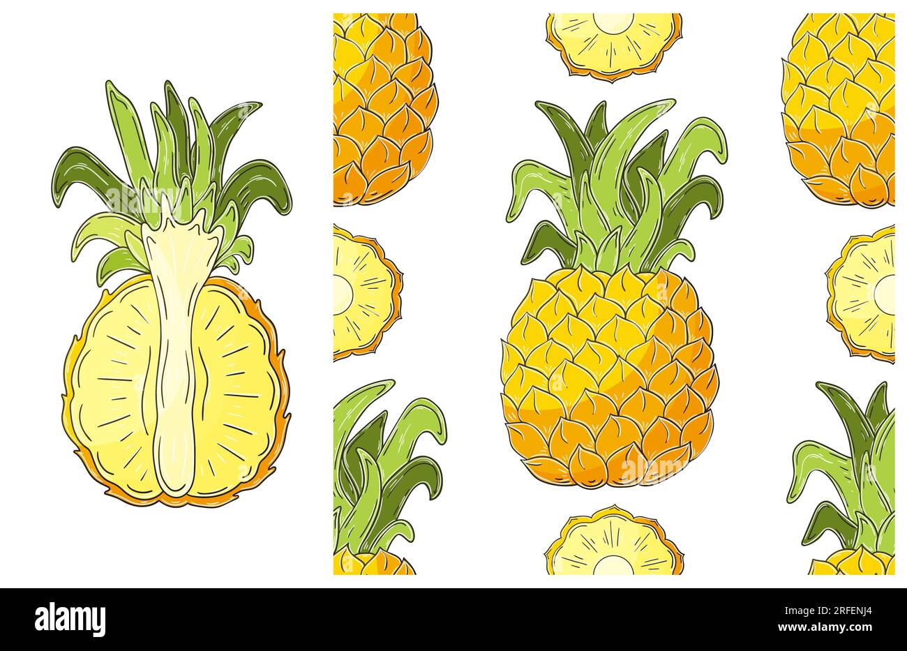 Seamless pattern with tropical fruits. Set in hand draw style. Pineapple. Can be used for fabric ...