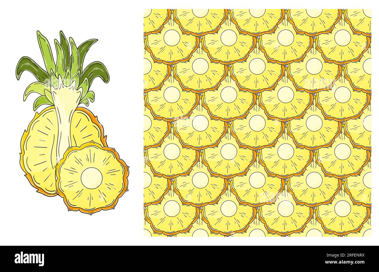 Pineapple. Seamless pattern with tropical fruits. Set in hand draw ...