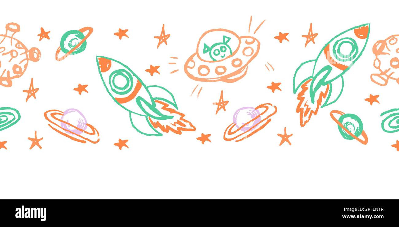 Space seamless border. Rockets. Drawings with wax crayons. Vector ...