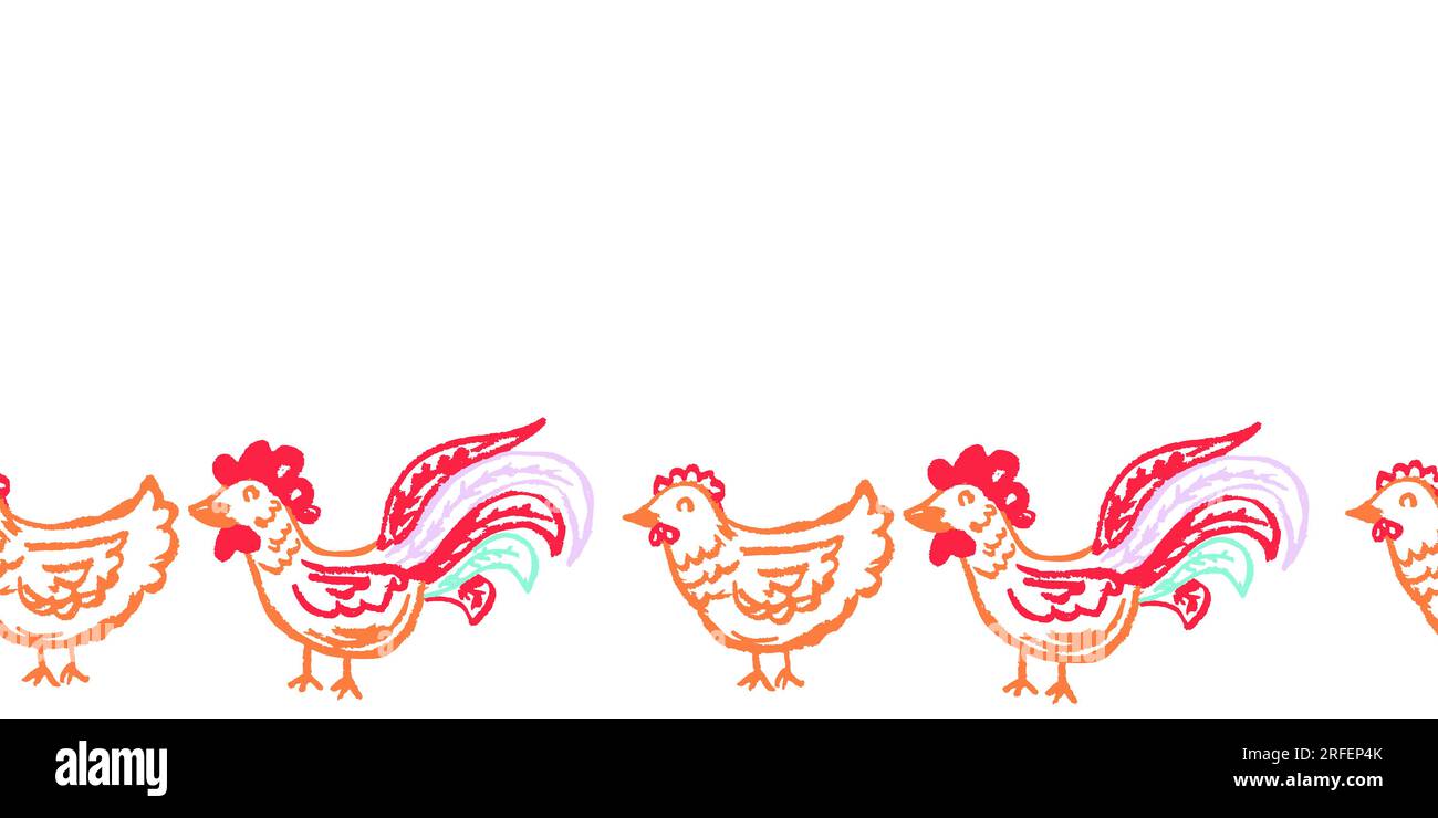 Cute seamless border. Chicken, rooster. Drawings with wax crayons ...
