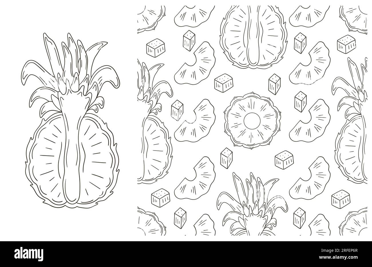 Coloring pattern with tropical fruits. Set in hand draw style ...