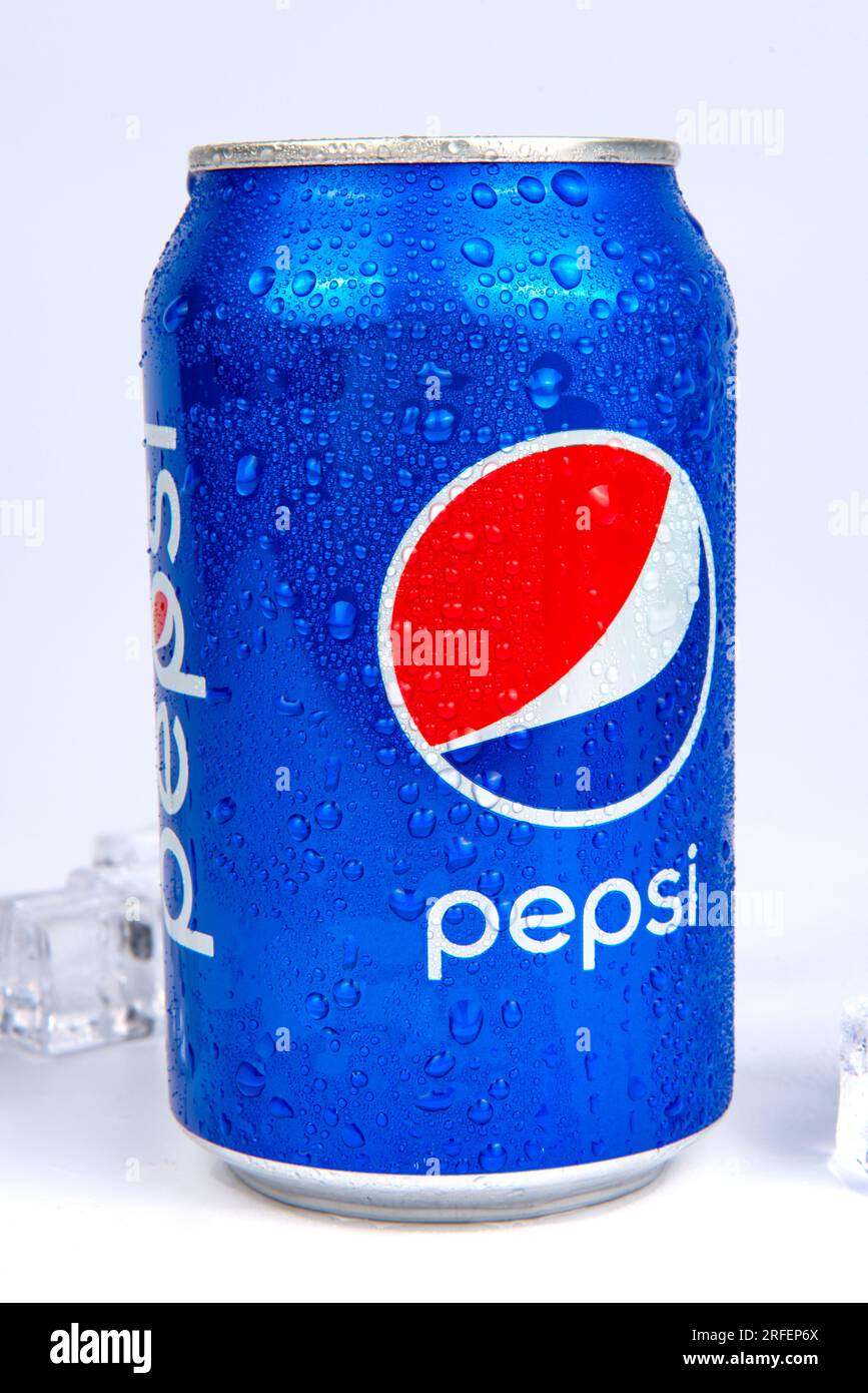 VINNYTSA, UKRAINE-JUNE,28,2023: Pepsi drink in a can on ice isolated on ...