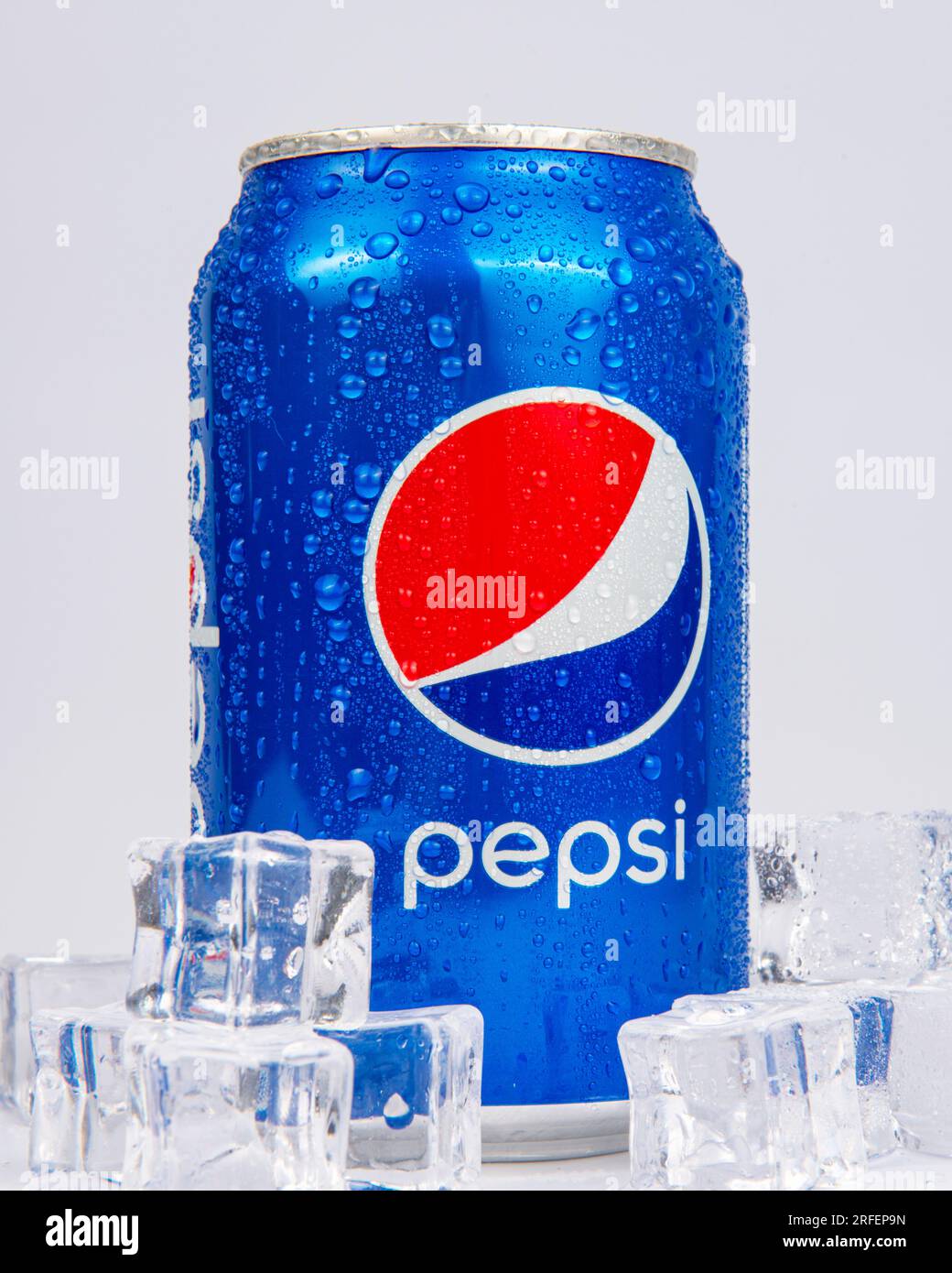 VINNYTSA, UKRAINE-JUNE,28,2023: Pepsi drink in a can on ice isolated on ...