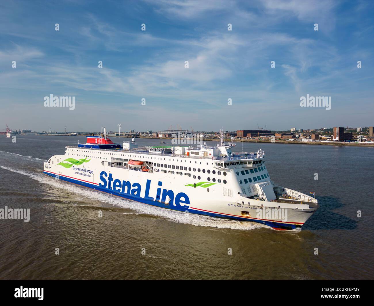 Aerial view, Stena Line car and passenger ferry arrives at Birkenhead ...