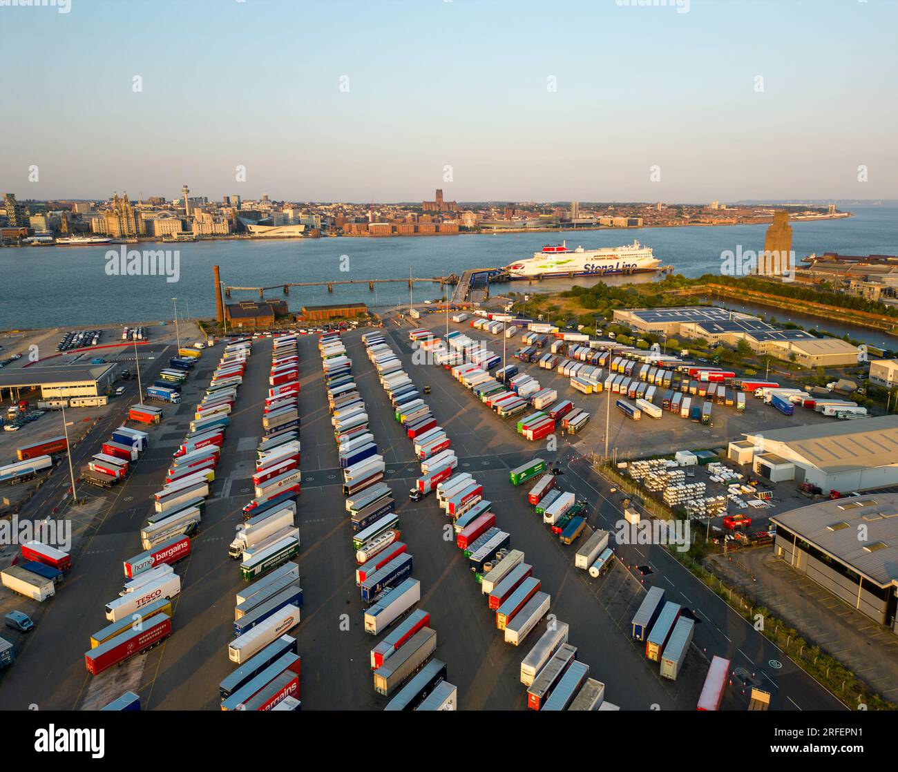 Aerial view of Stena Line ferry terminal at Birkenhead docks, Wirral ...
