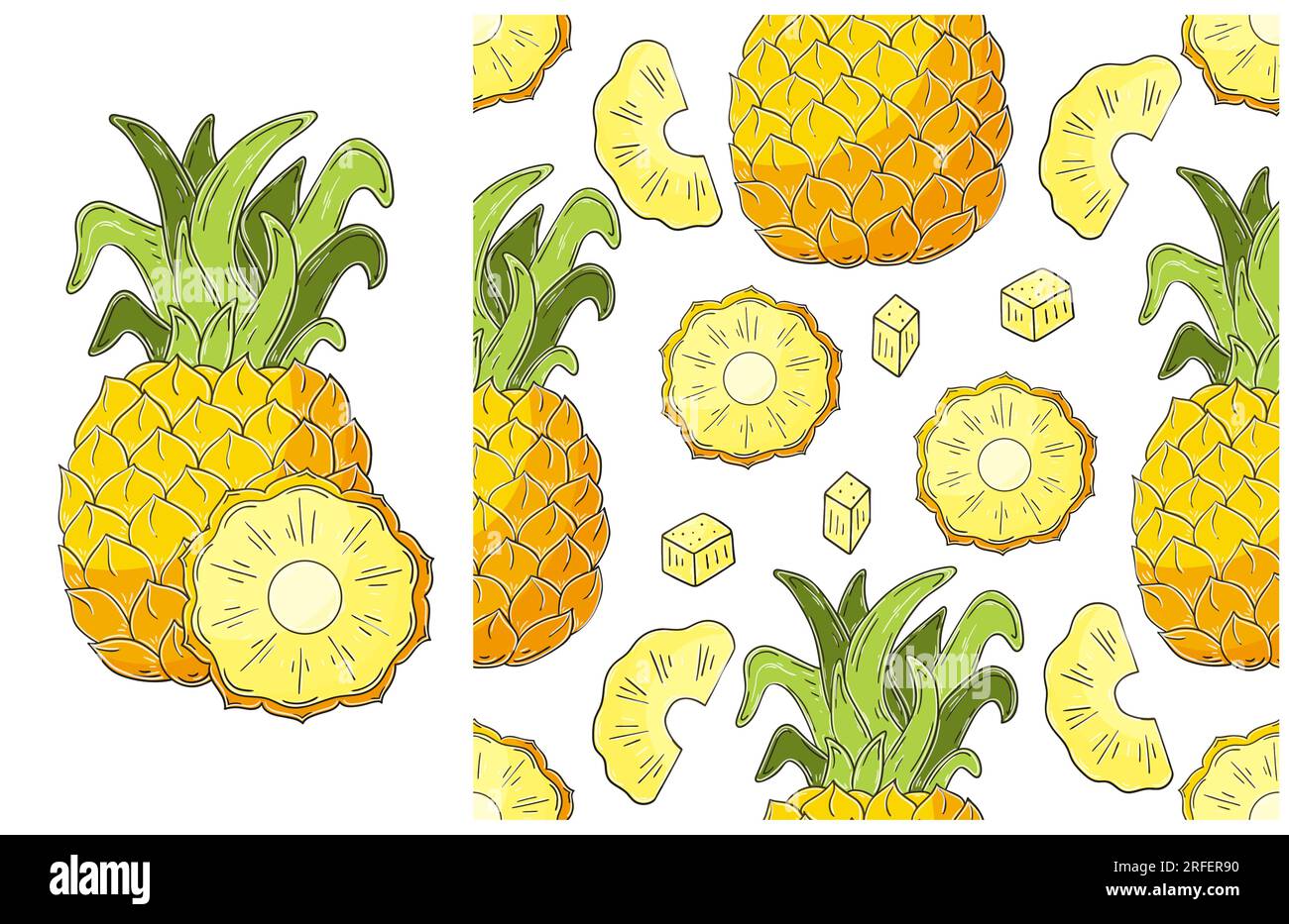 Seamless pattern with tropical fruits. Pineapple. Set in hand draw style. Can be used for fabric ...