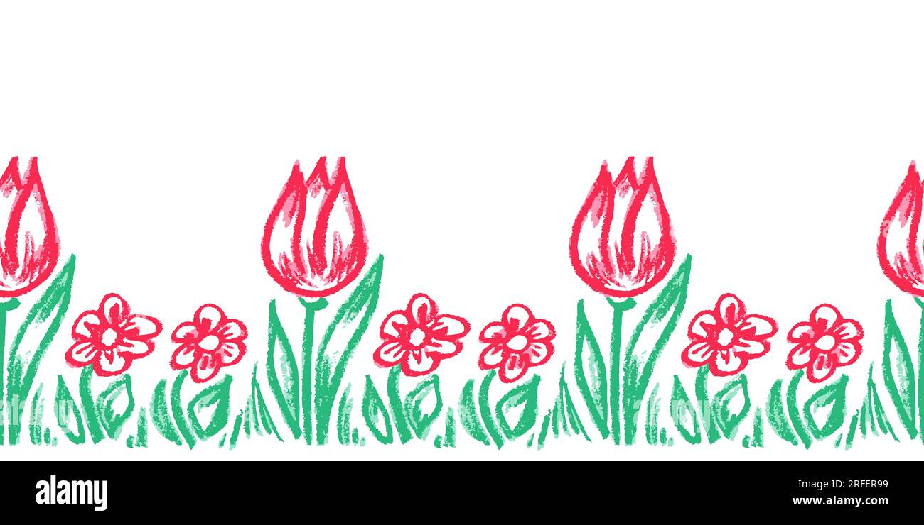 Floral seamless border. Tulips. Drawings with wax crayons. Vector ...