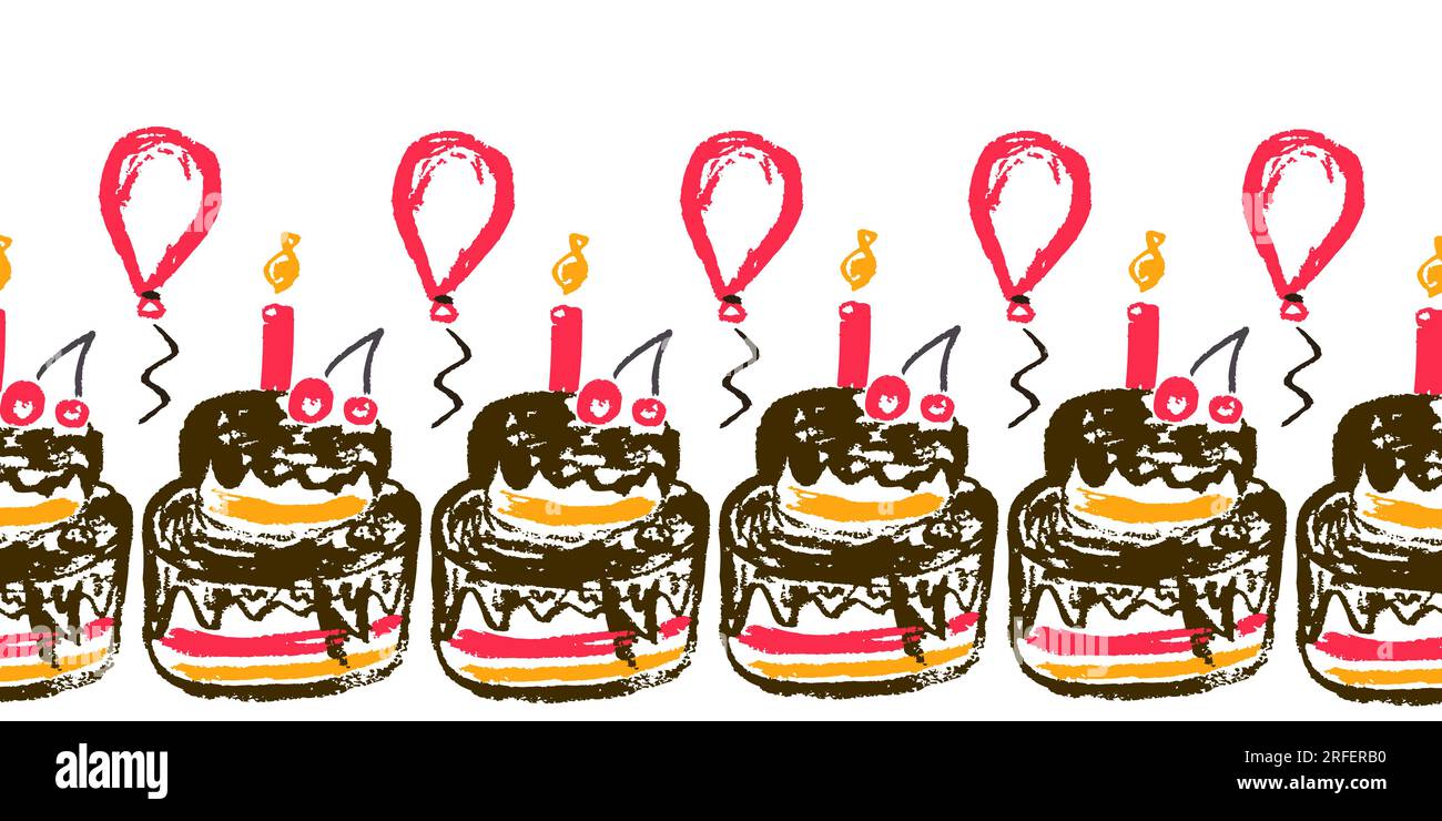 Festive seamless border. Cakes, pastries. Drawings with wax crayons ...