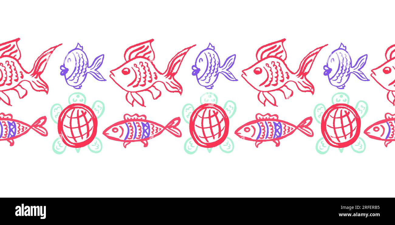 Underwater seamless border. Fish. Drawings with wax crayons. Vector ...